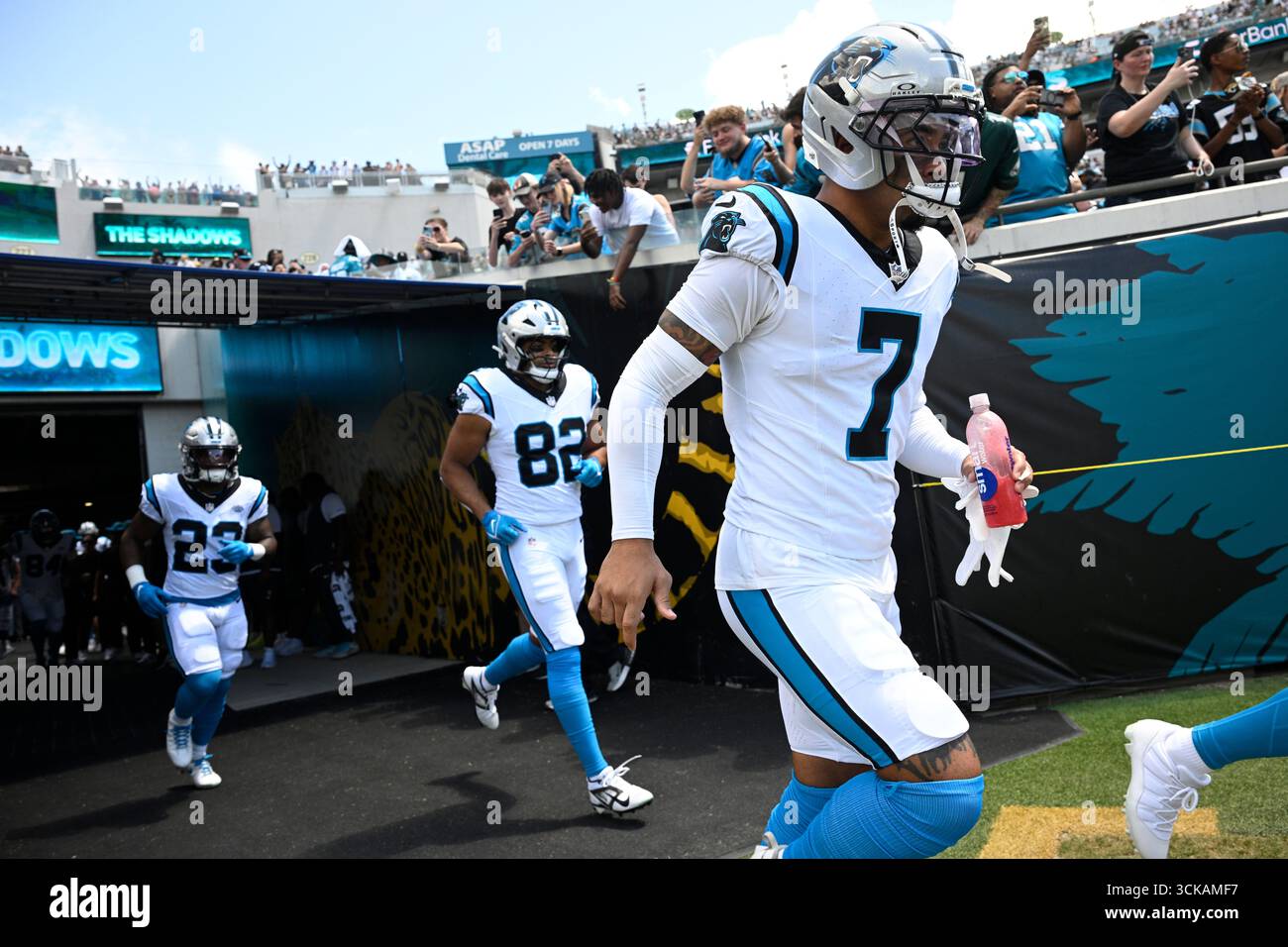 Carolina Panthers safety Tre'von Moehrig (7) runs onto the field before ...