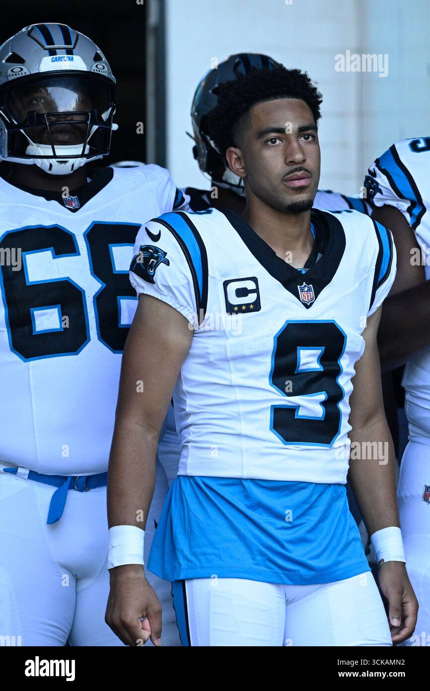 Carolina Panthers quarterback Bryce Young (9) waits to lead the team ...