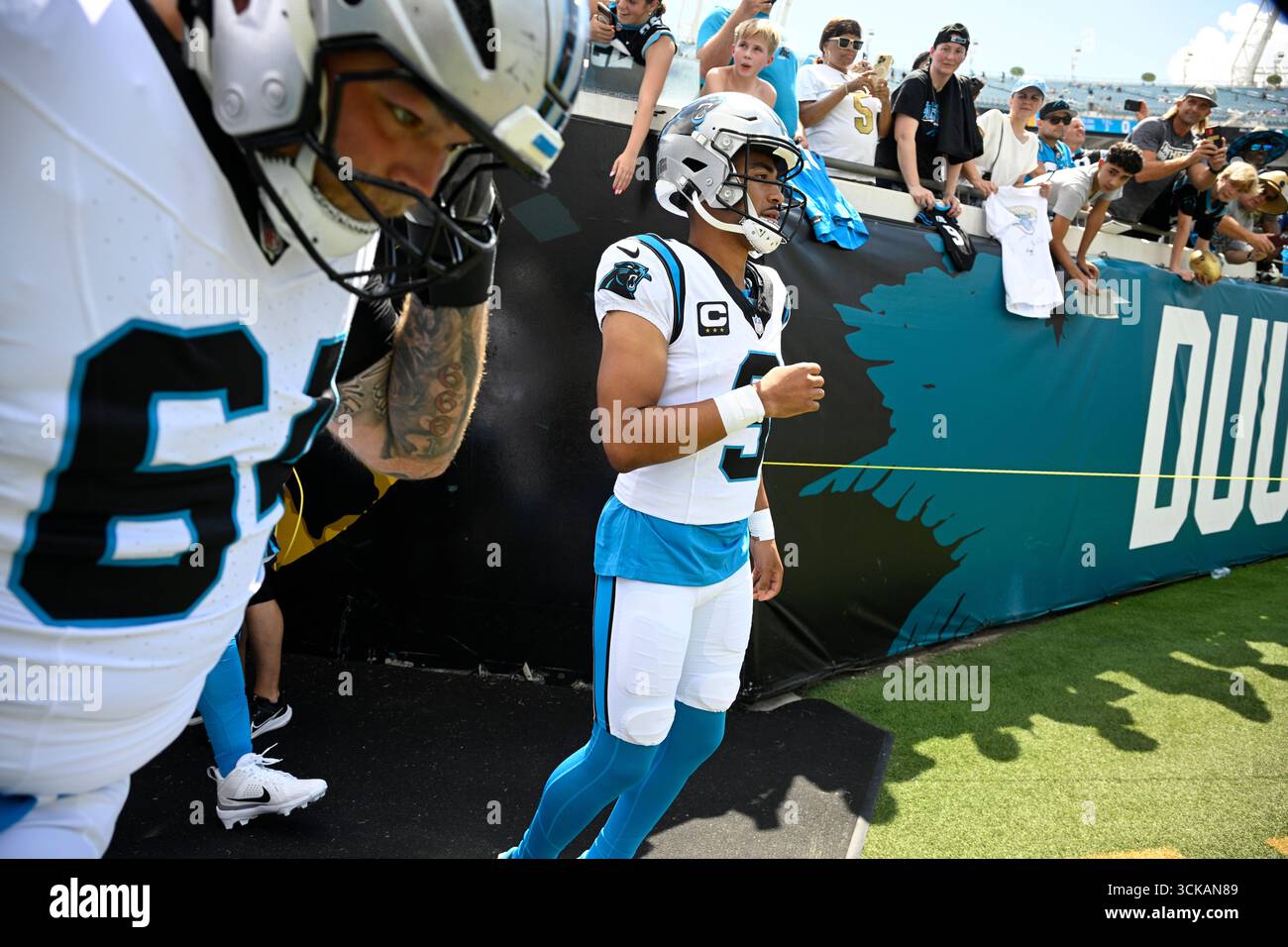 Carolina Panthers quarterback Bryce Young (9) heads to the field before ...