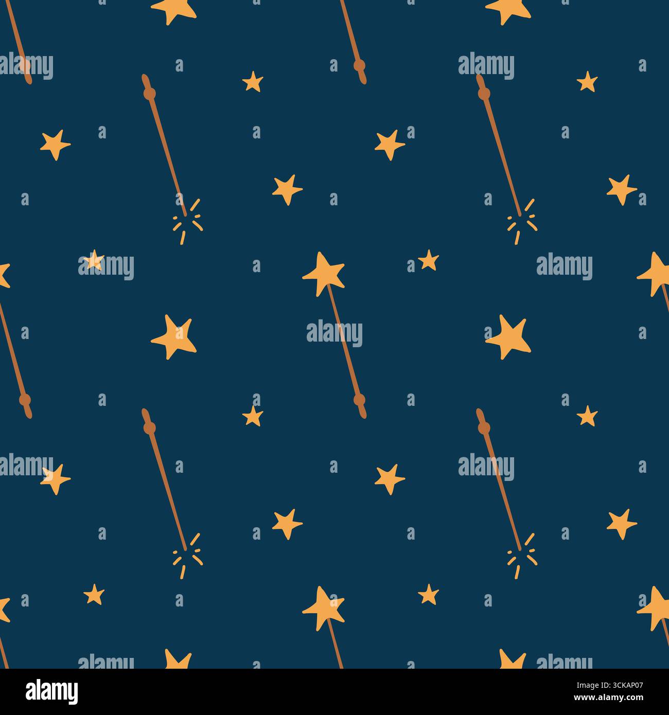 Seamless pattern with hand drawn yellow stars and magic wands on blue ...