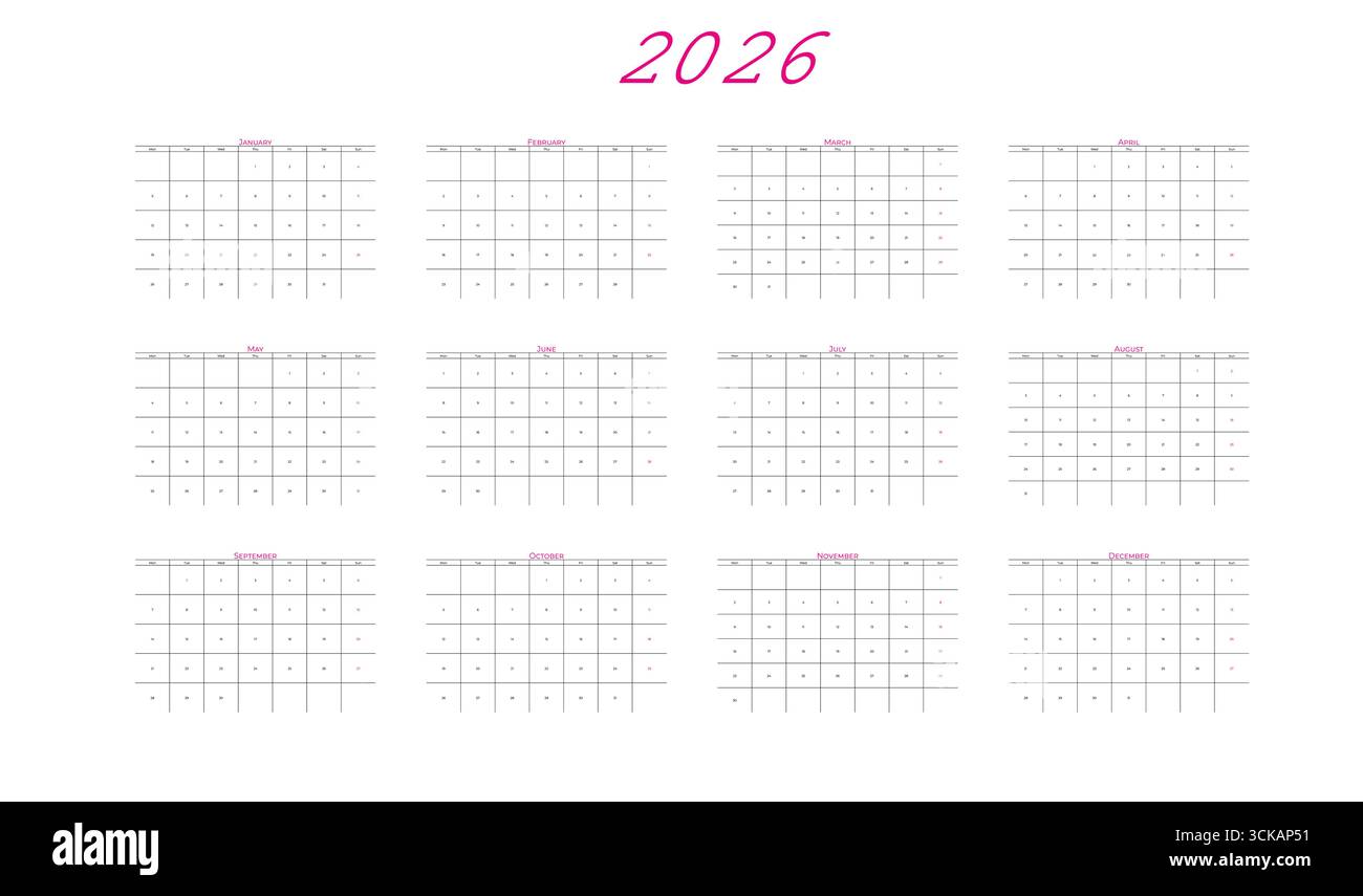 Calendar For 2026 Year Starts On Sunday Stock Vector Image & Art - Alamy