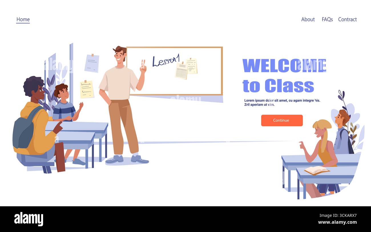 Classroom teacher students lesson modern school interior desks whiteboard diverse children ...