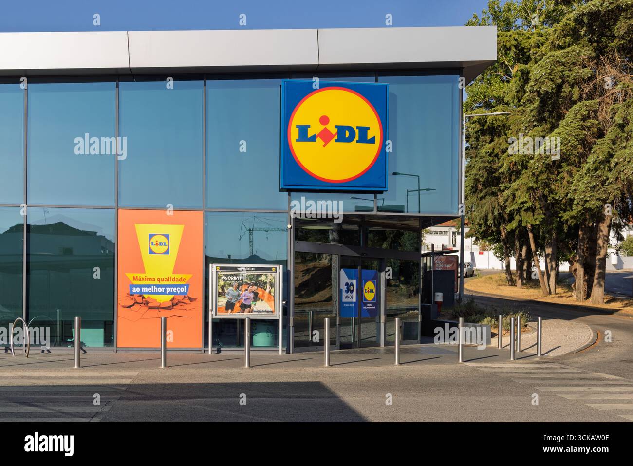 The front entrance of a Lidl supermarket in Tomar, Portugal, featuring ...