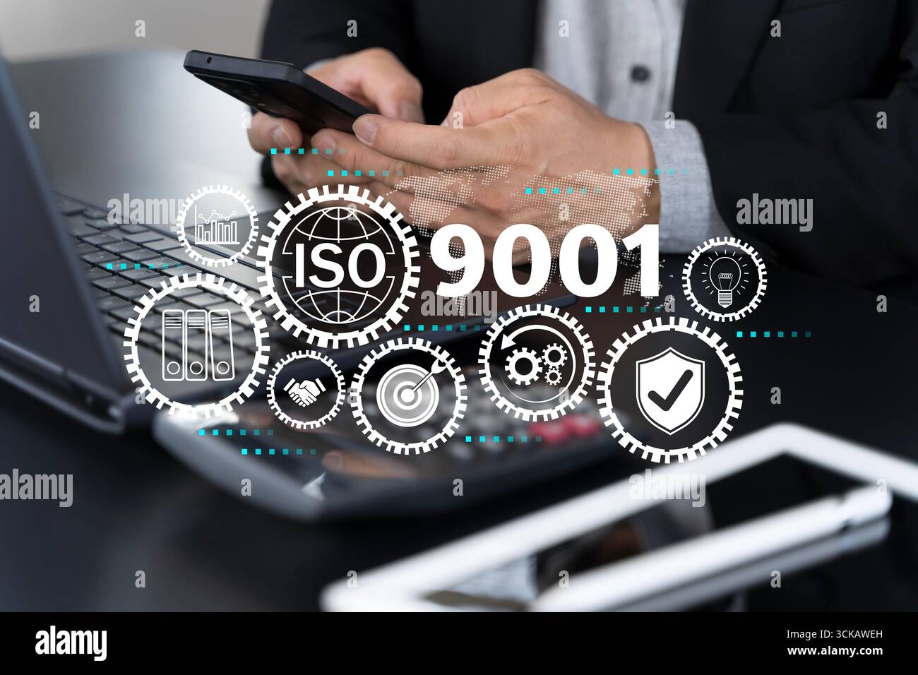 ISO 9001 certification concept showing quality management system standard, business process ...