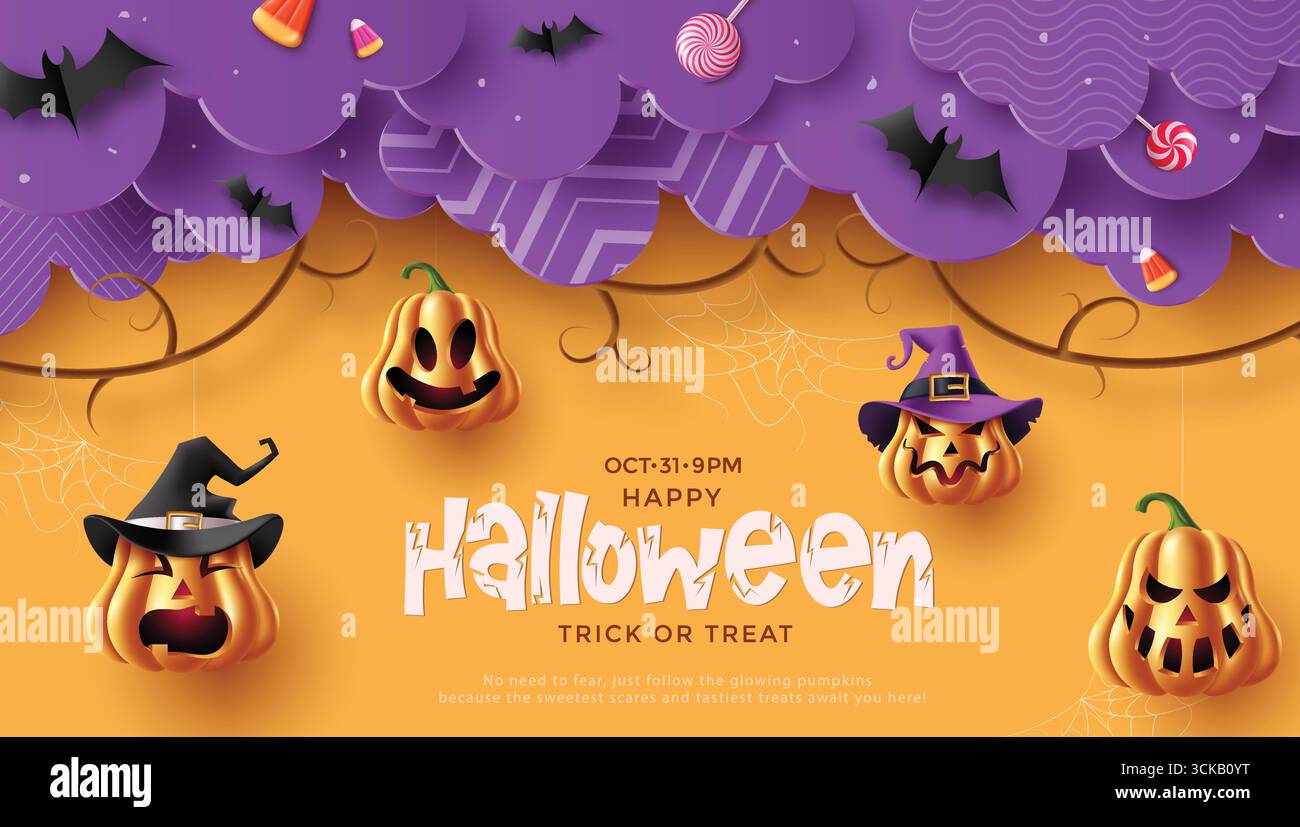 Colorful Halloween clipart banner with pumpkins, bats, witch hats ...