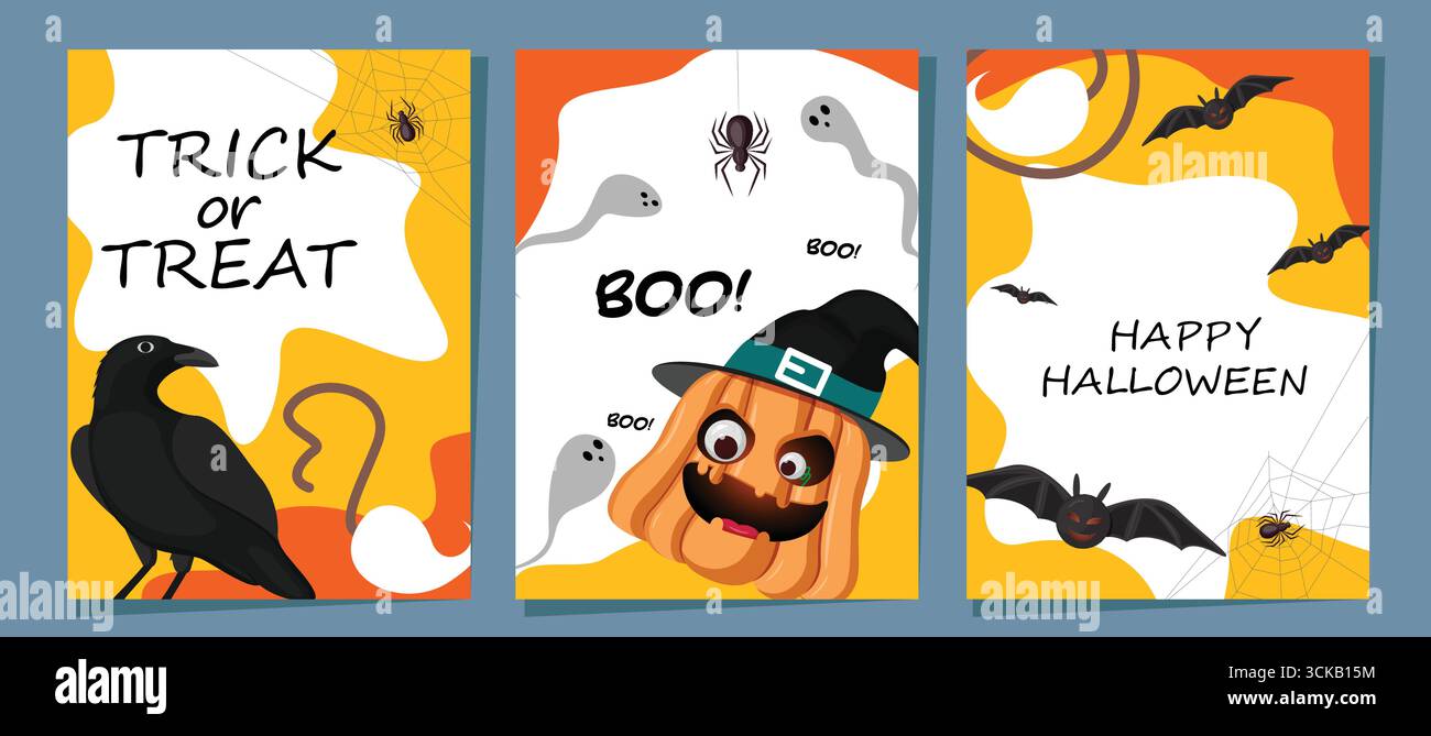 Halloween poster card designs with spooky pumpkin witch, crow, bats ...