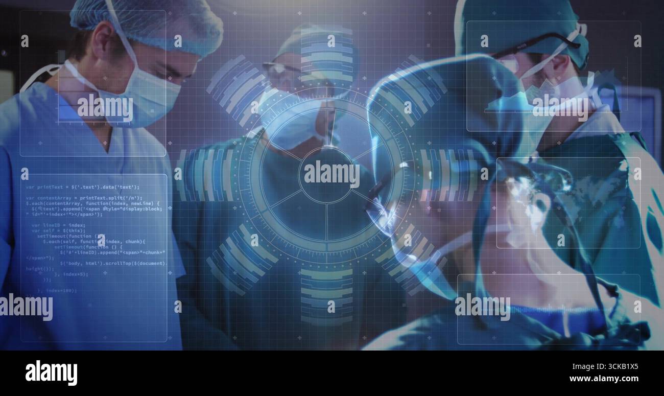 Operating surgical team in scrubs performing surgery in operating room ...