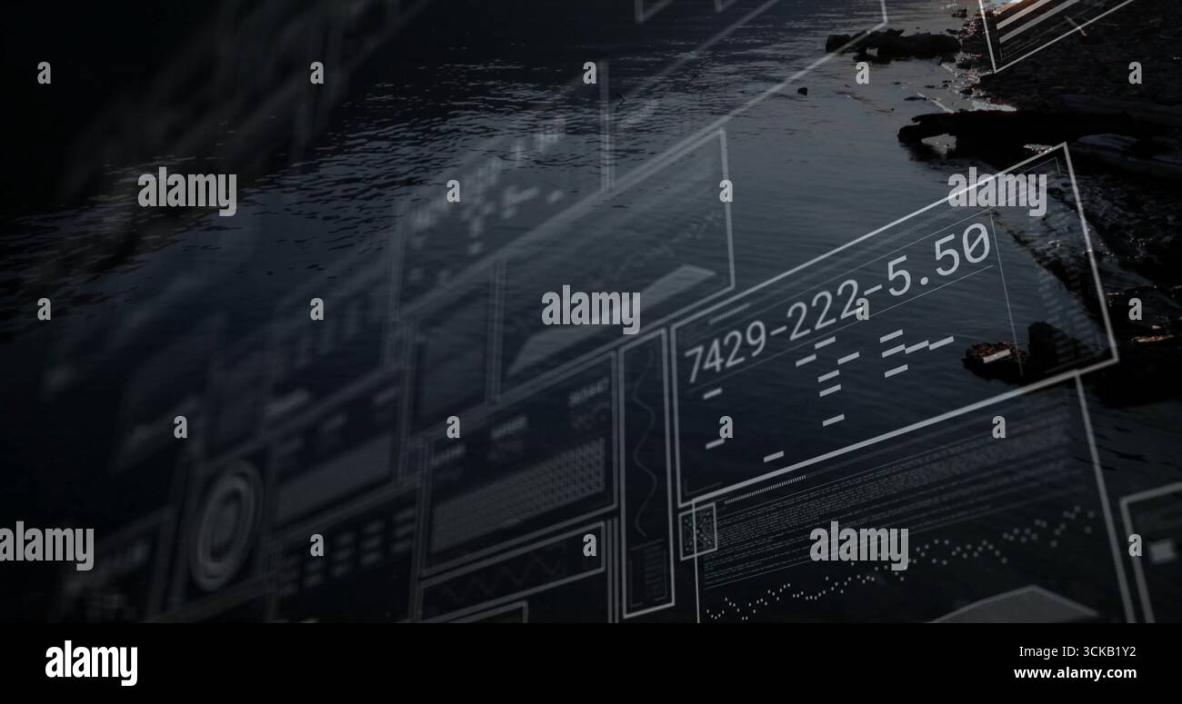 Displaying digital interface overlay hovering above dawn waterfront ...