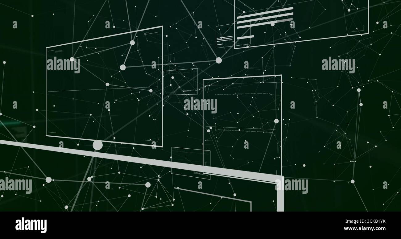 Floating white nodes connecting via thin lines in green cyberspace ...