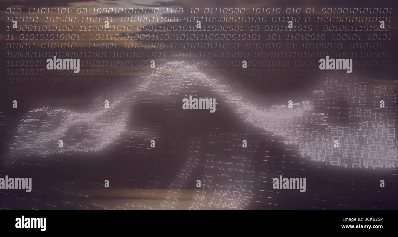 Flowing binary code ribbon undulating across cyberspace, with glowing ...