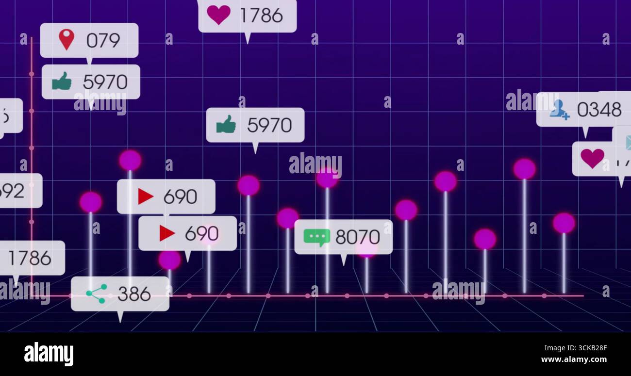 Displaying social media analytics chart with rising bars, spheres, icon ...