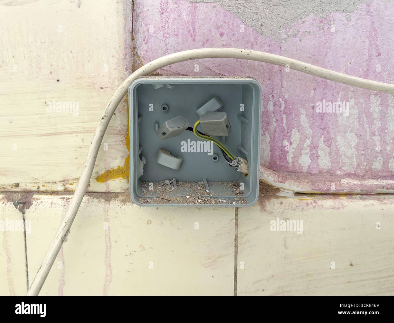 Exposed electrical wires coming out from a wall socket box, concept of ...