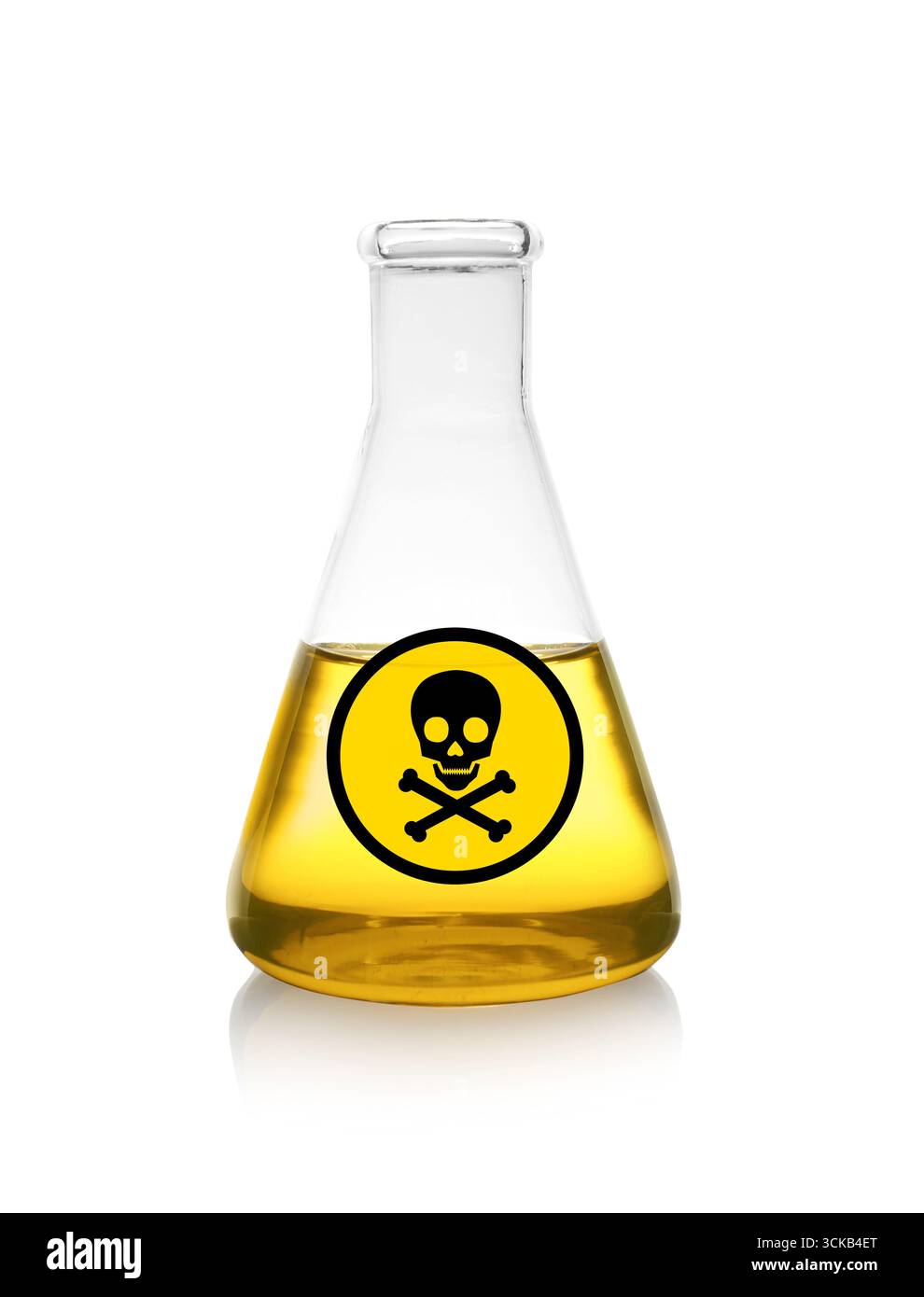 Poison warning symbol on glass flask with yellow liquid against white ...