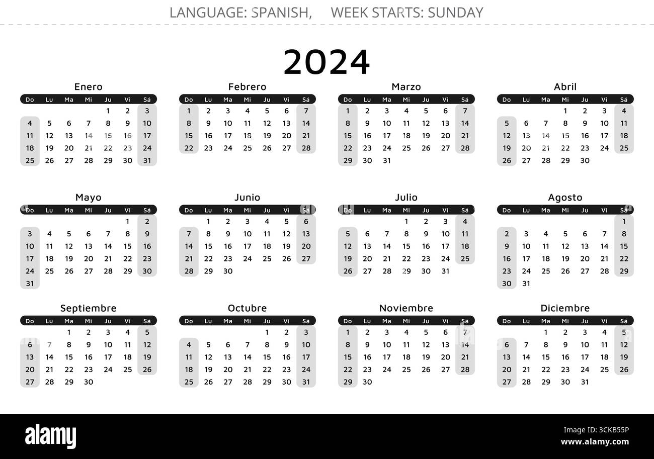 2026 spanish calendar. Week starts Sunday. Vector illustration in black ...