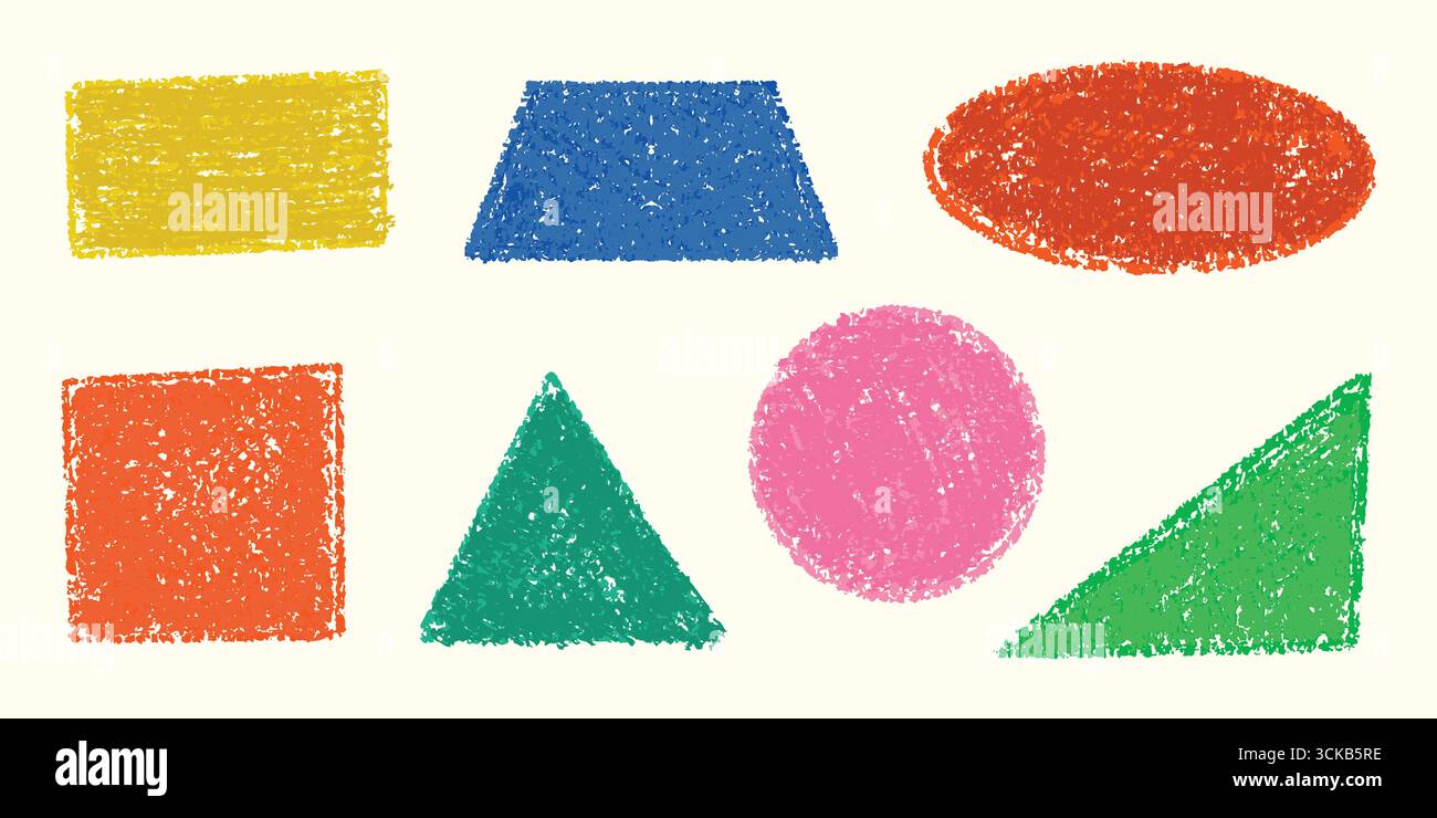 Colored geometric shapes. Square and circle crayon pencil figures ...