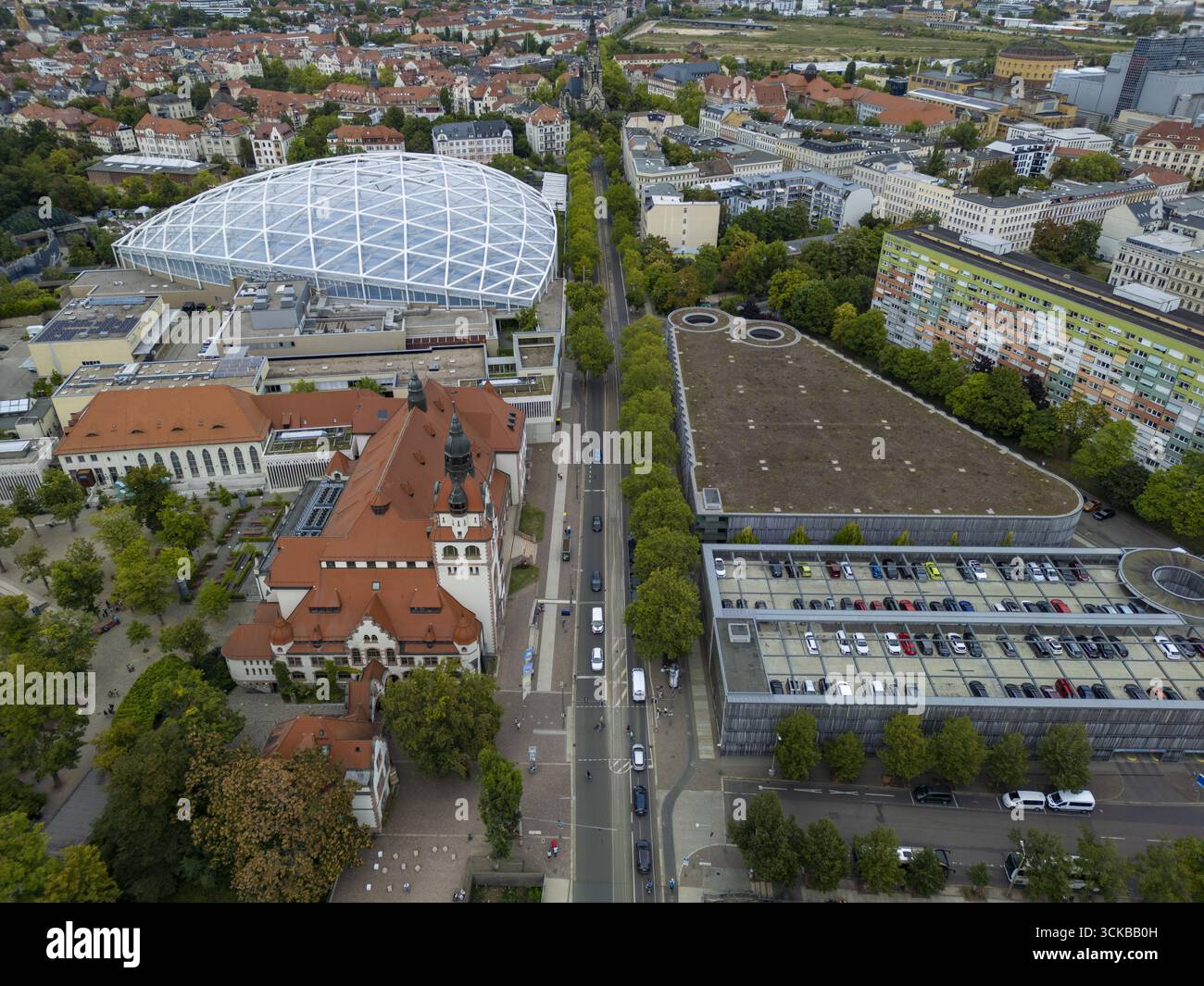 Aerial view of the Leipzig Zoo, where the geometric dome of ...
