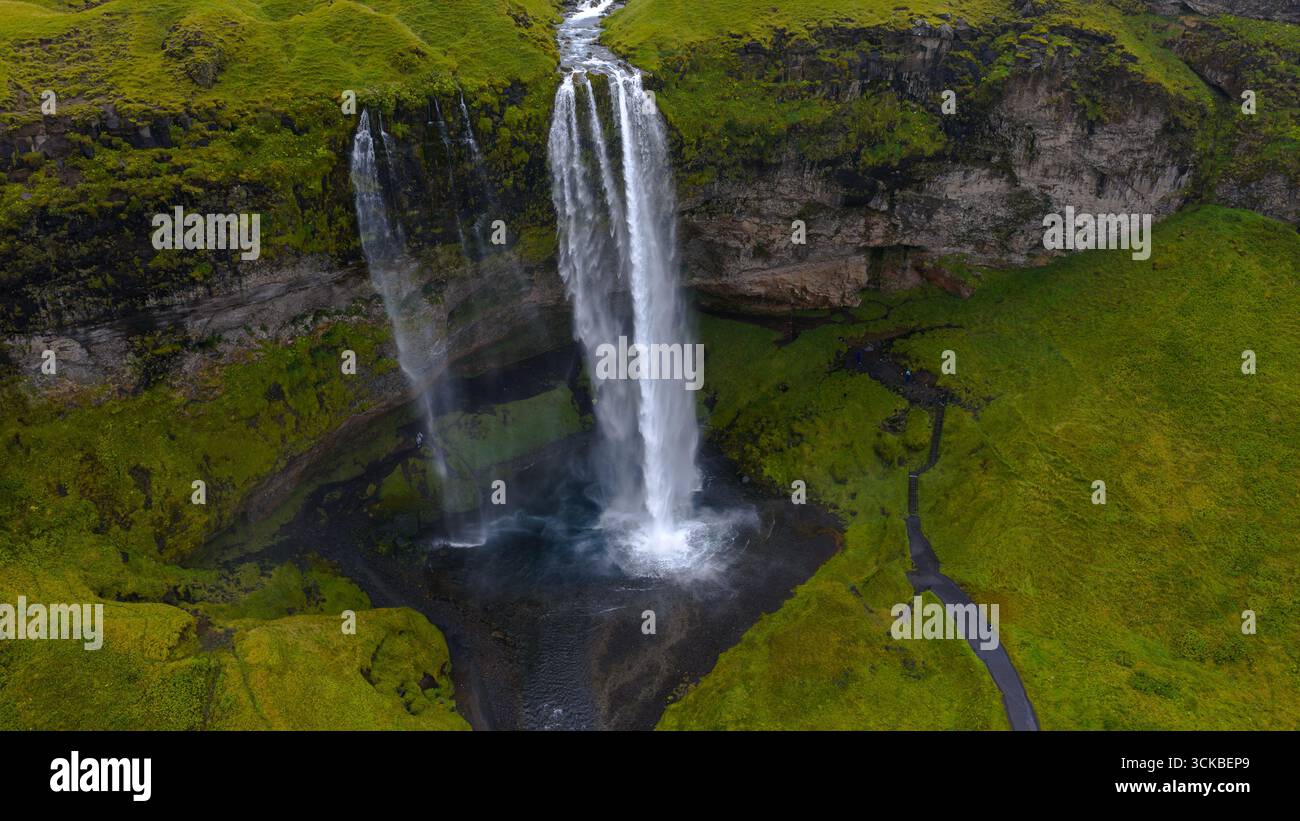 Seljalandsfoss waterfall in Iceland captured from above, cascading from ...