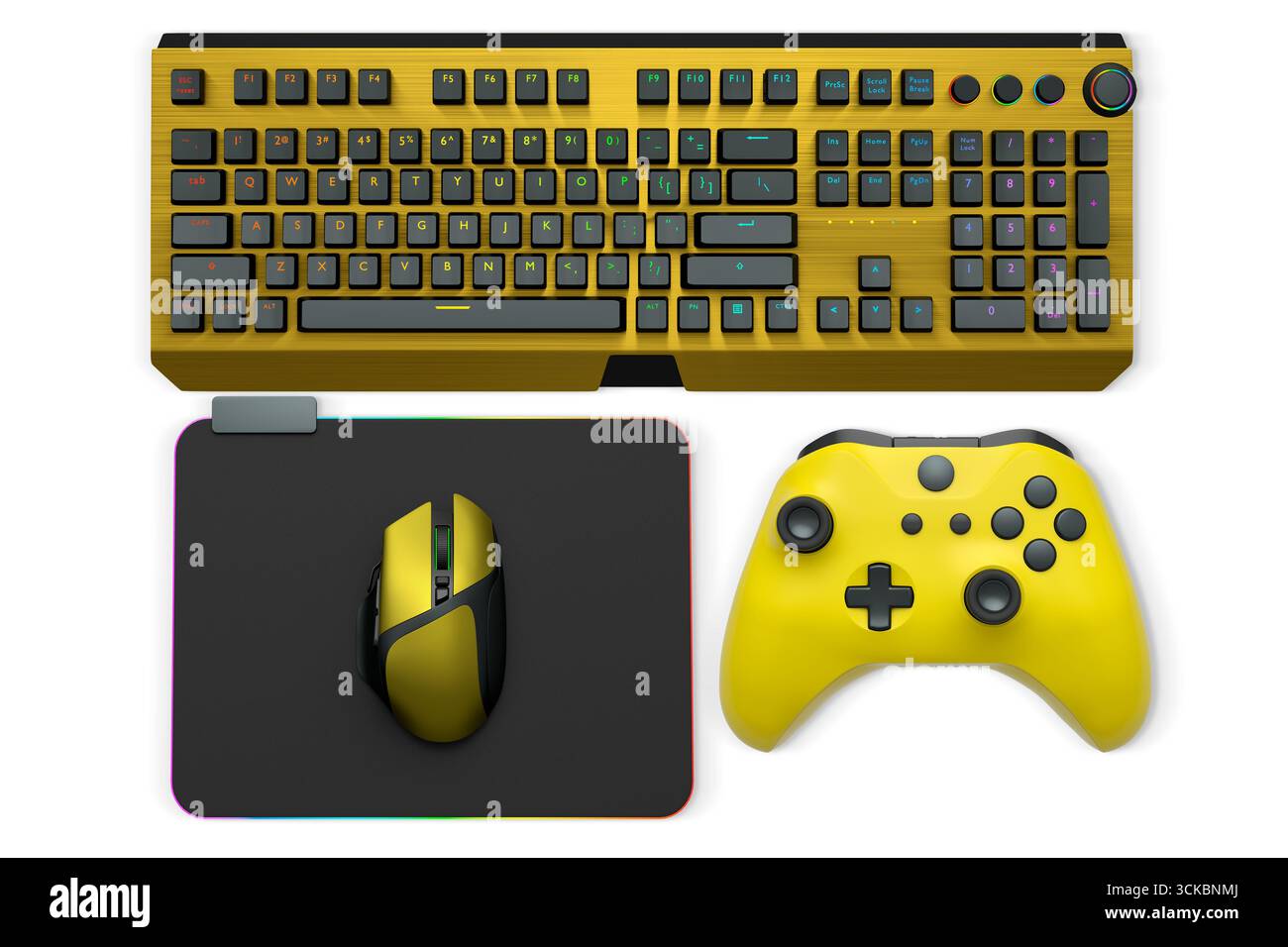 Gaming mouse, controller, RGB keyboard and headphones displayed in flat ...