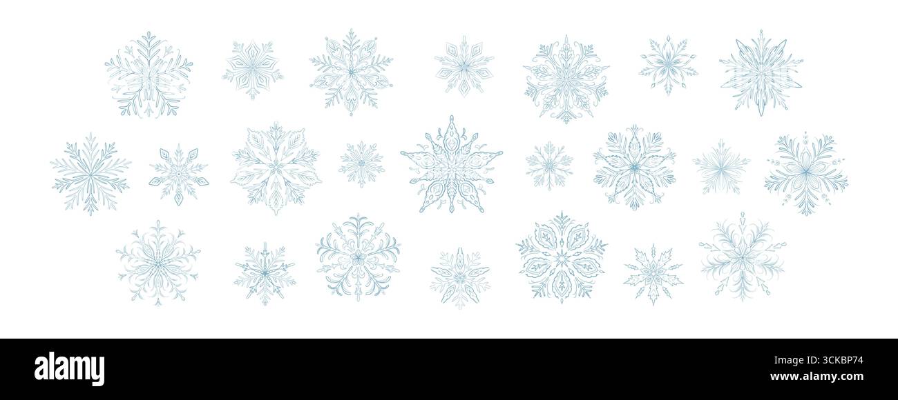 Set of detailed whimsical hand drawn different blue and silver snow ...