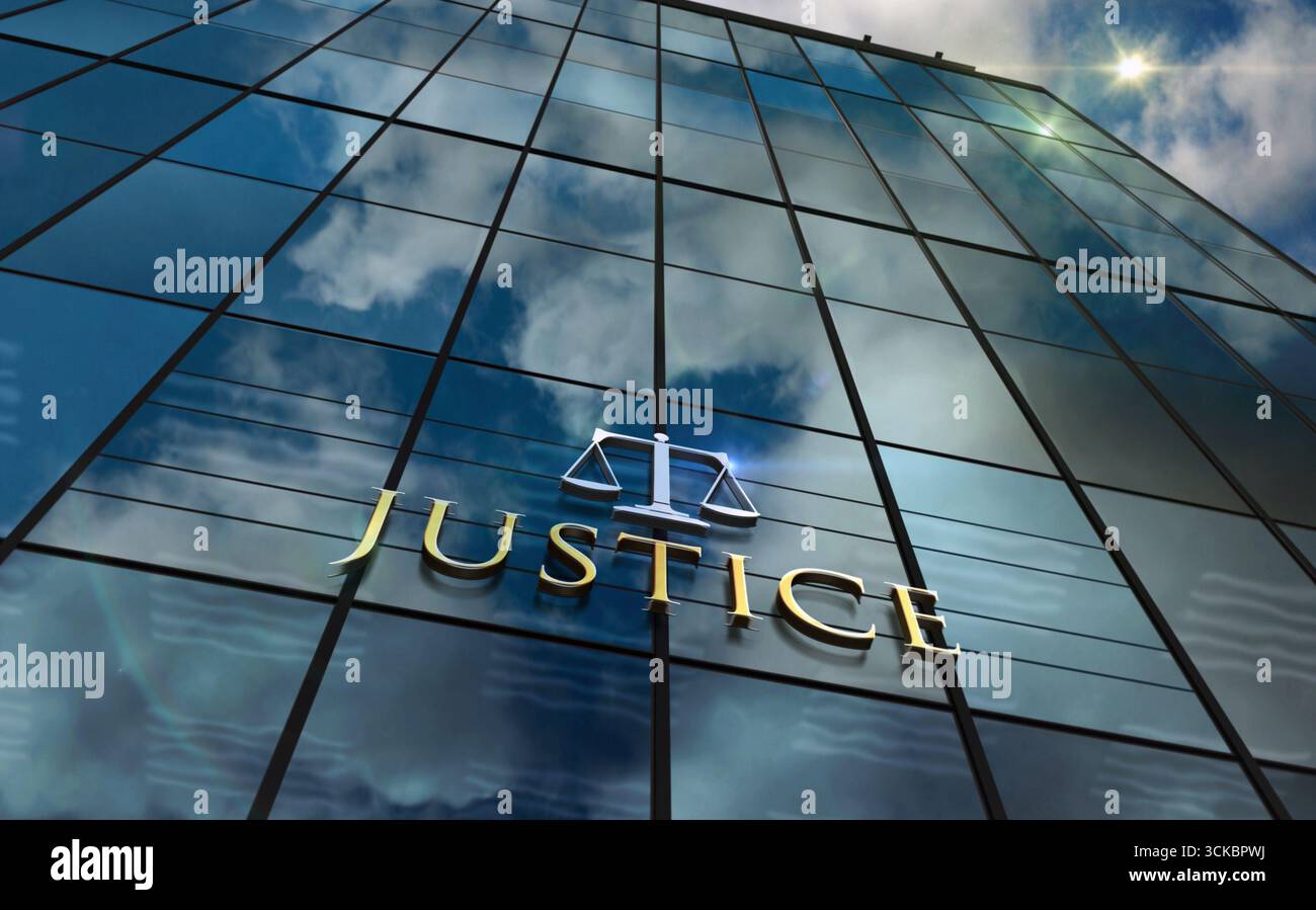 Justice and court glass building concept. Courthouse symbol on front ...