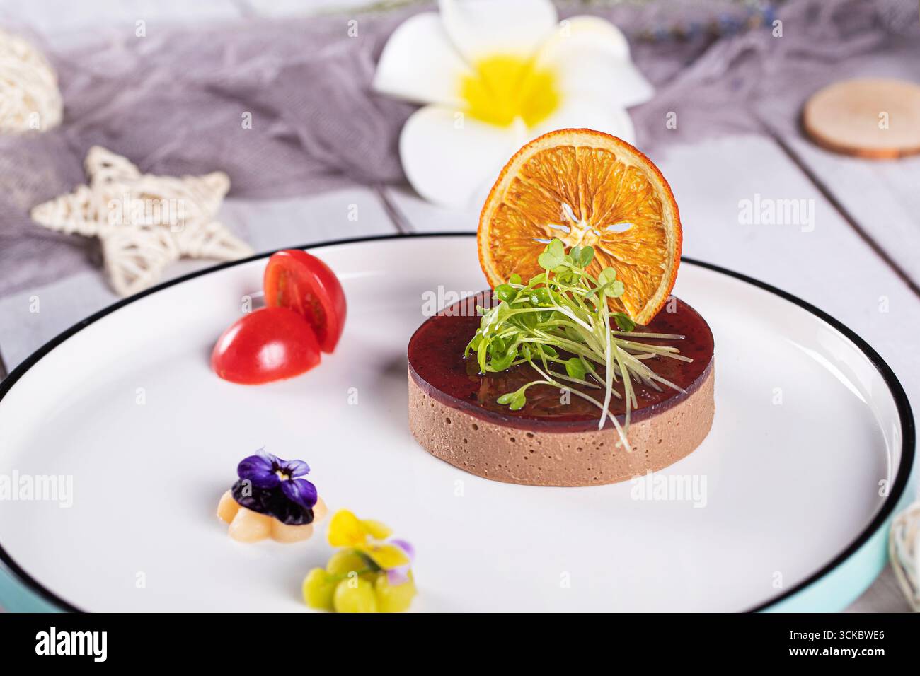 Foie Gras Mousse with Blueberry Gel, Microgreens and Dried Orange Stock ...