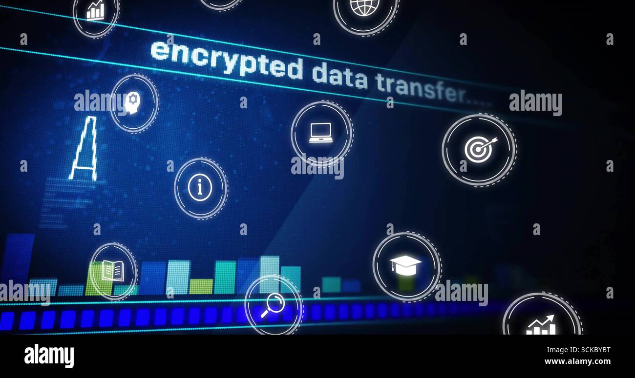 Displaying encrypted data transfer on interface, with circular icons ...