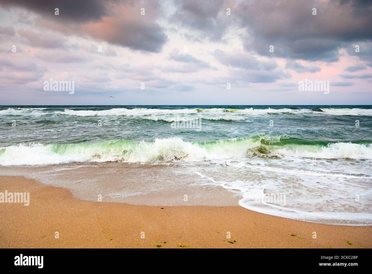 stormy beach scenery with waves splash on sand shore under scenic ...