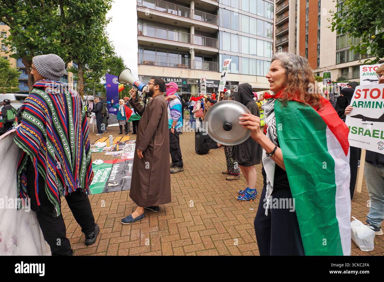 10 September 2025, UK, London, Excel Centre. Protesters gether outside ...