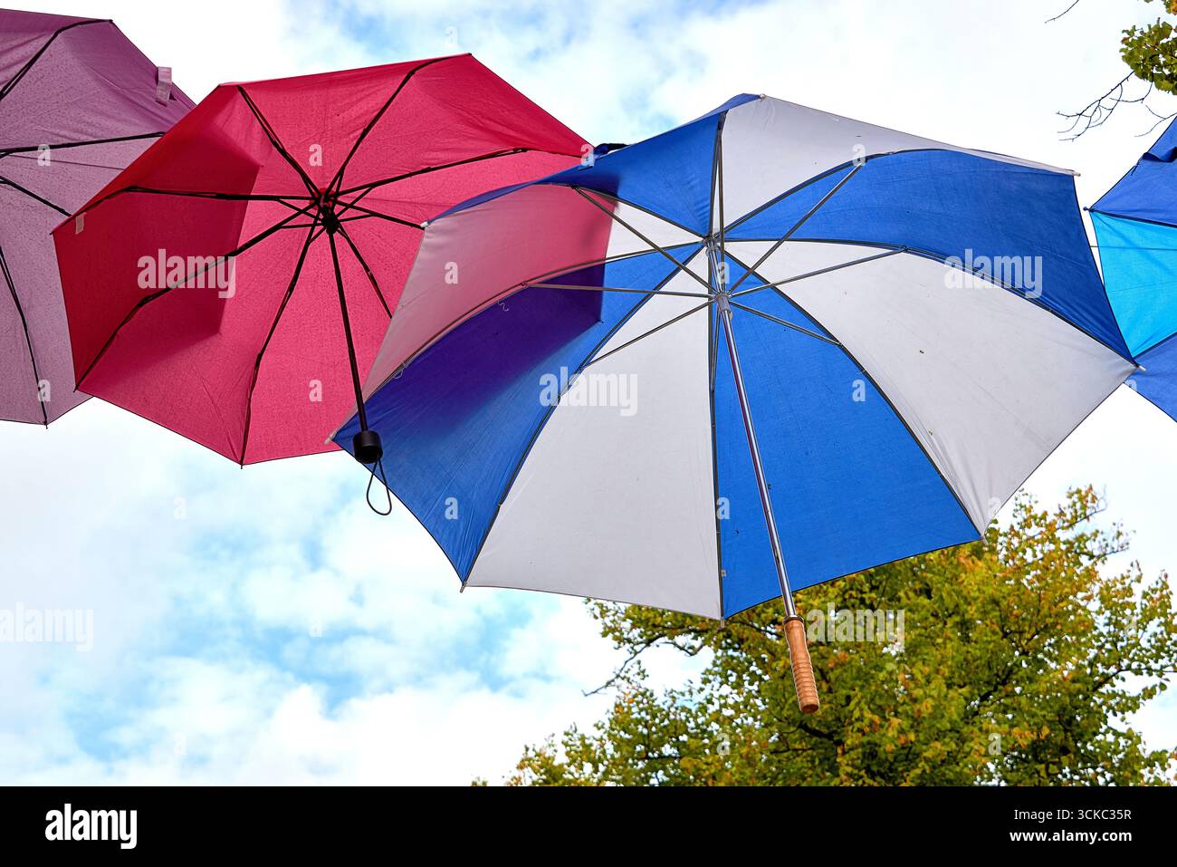 The image features three vibrant umbrellas suspended on wires outdoors ...