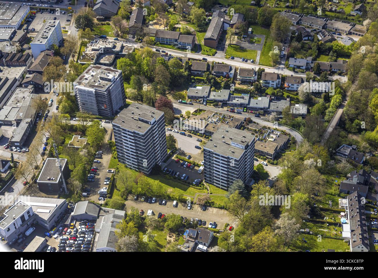 Aerial view, Bleibergstrasse high-rise estate, terraced house ...