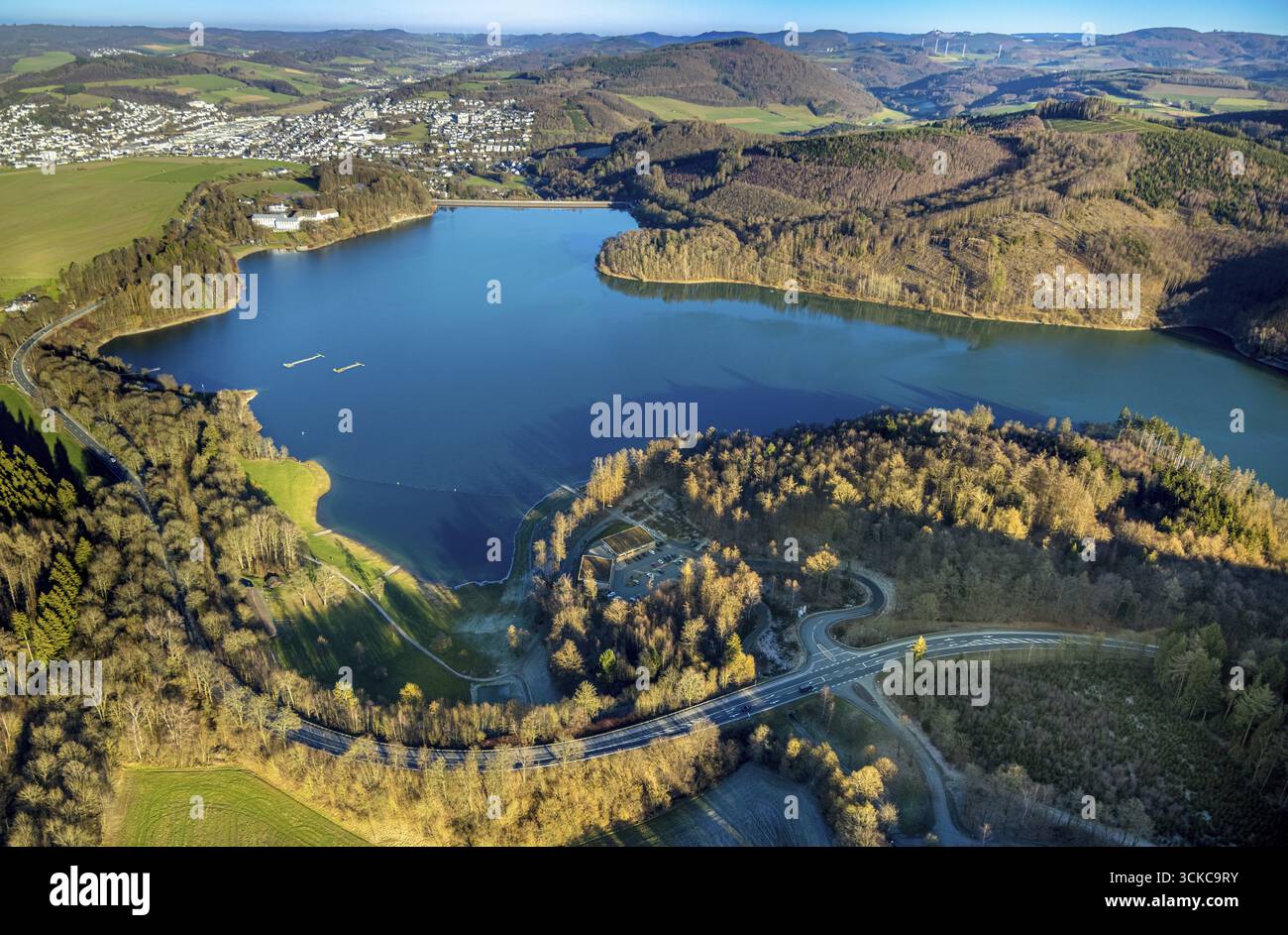 Aerial view, Hennesee dam reservoir and dam wall in hilly landscape ...