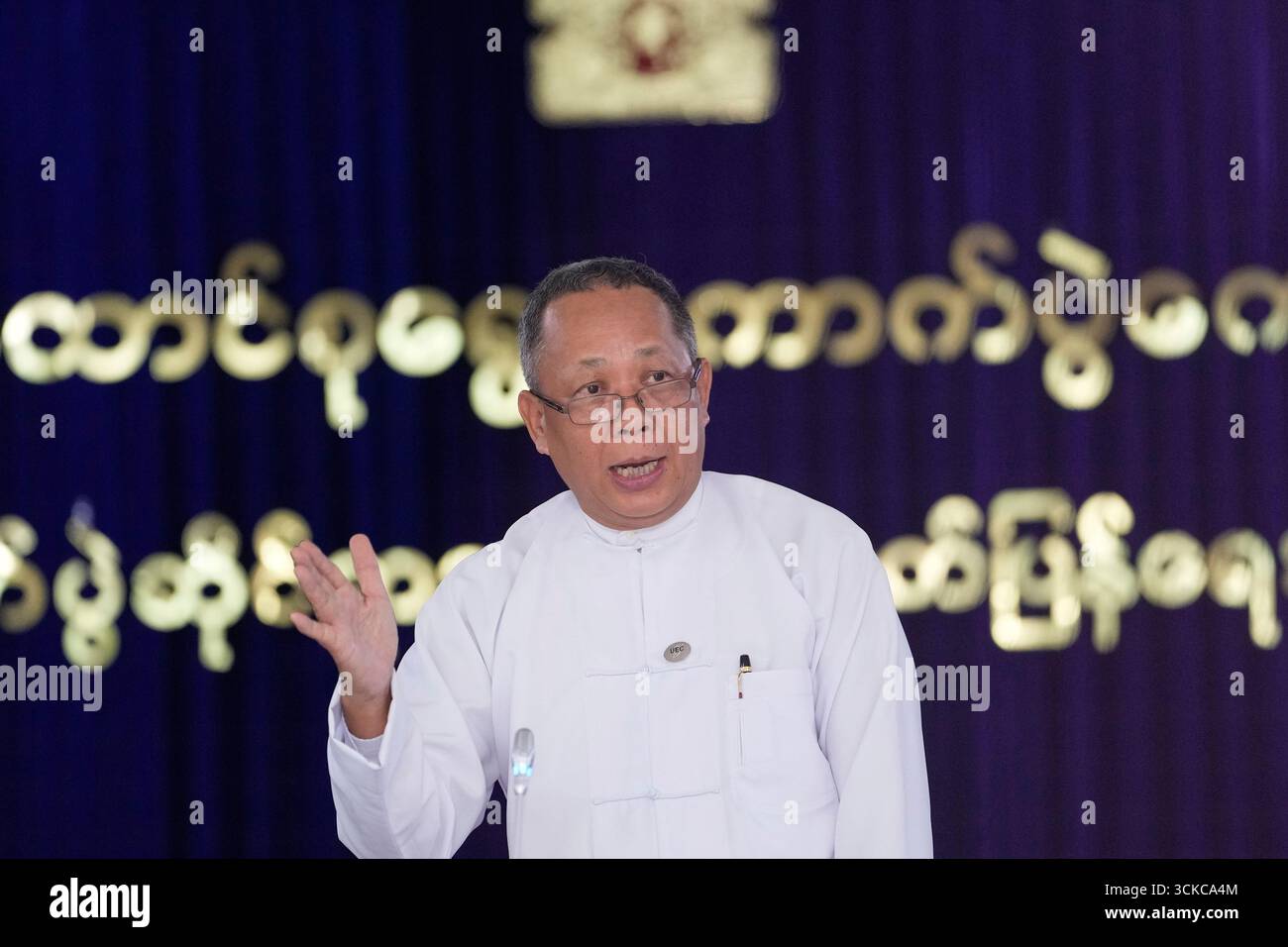 Khin Maung Oo, a member of the Union Election Commission, speaks to journalists during a press ...