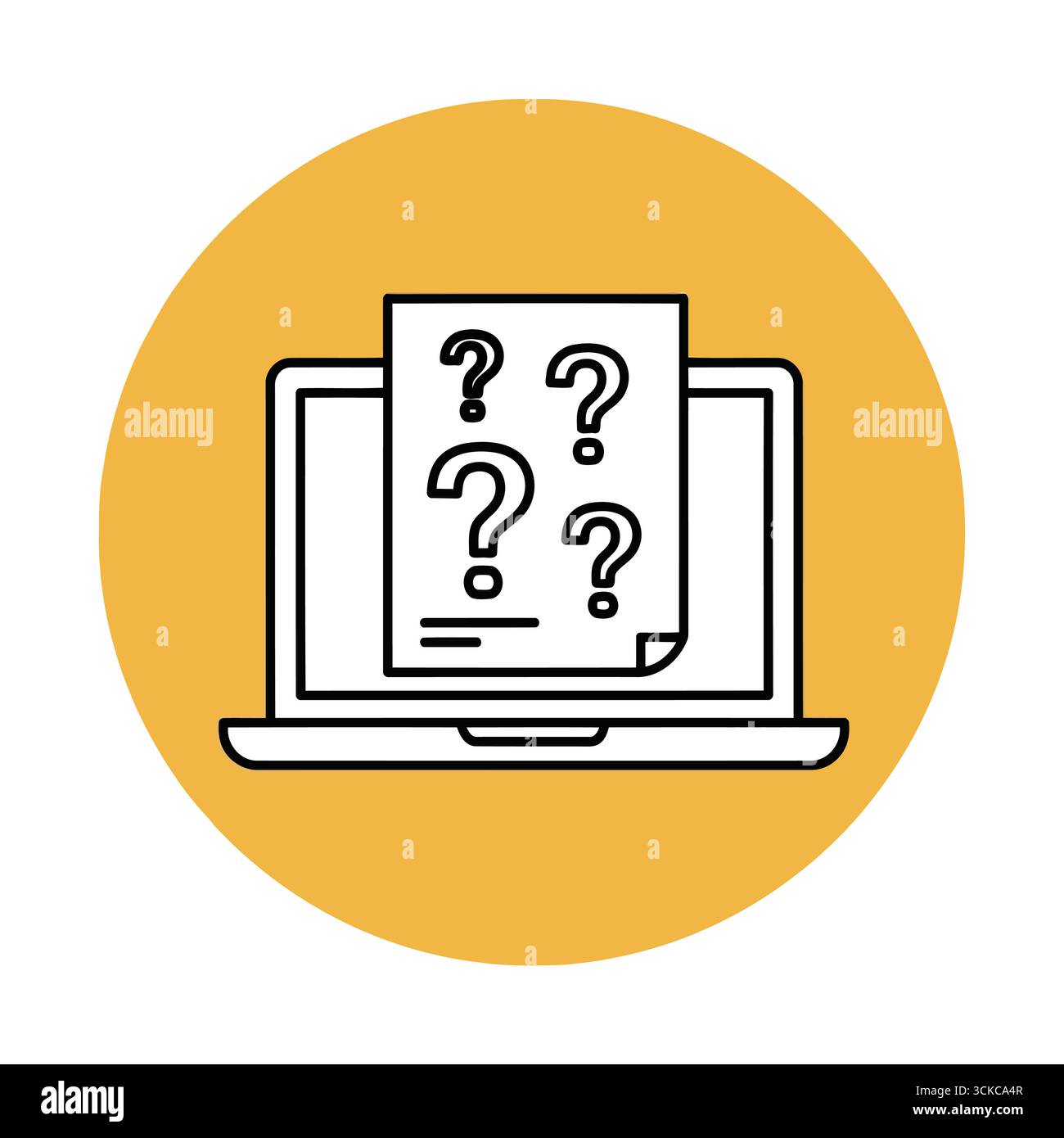 Illustration of a laptop with a document displaying question marks, , symbolizing online quizzes ...
