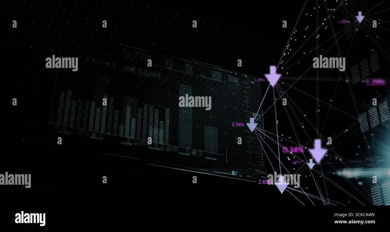 Displaying bar chart and nodes with purple arrows showing percentage ...