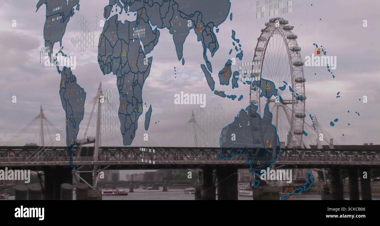 Showing London Eye Ferris wheel at Thames riverside, world map overlay ...