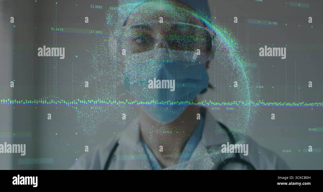 Displaying medic wearing mask analyzing health data in hospital, with ...