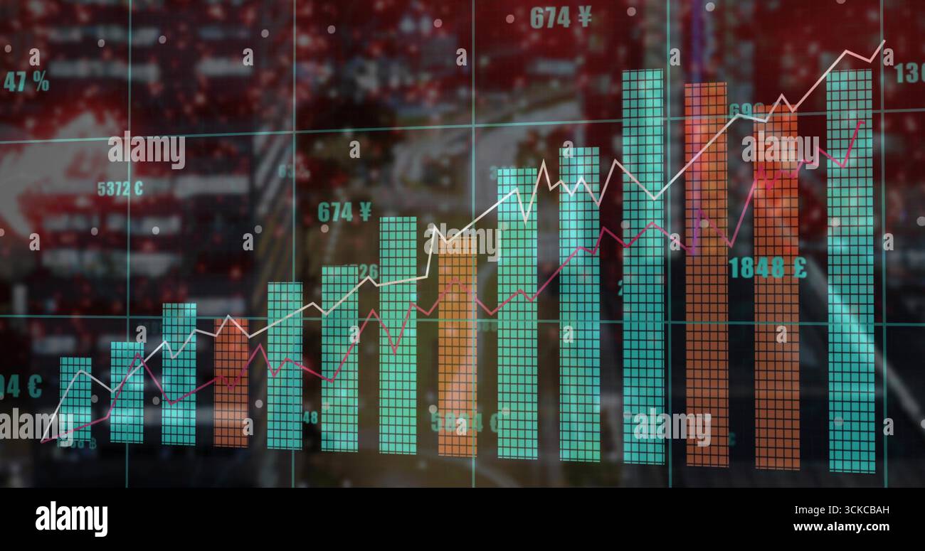 Displaying chart showing bar and line graphs at office, with currency ...