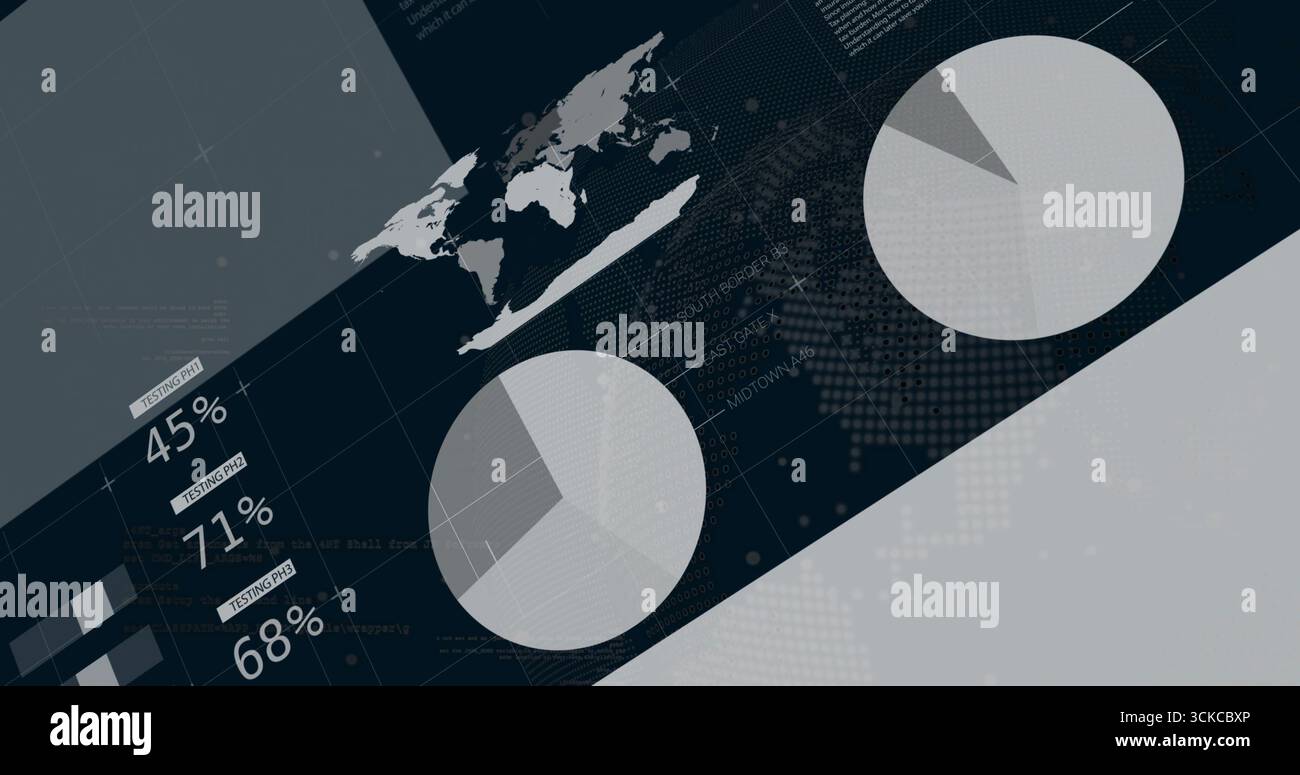 Showing infographic on digital screen with world map, pie charts and ...