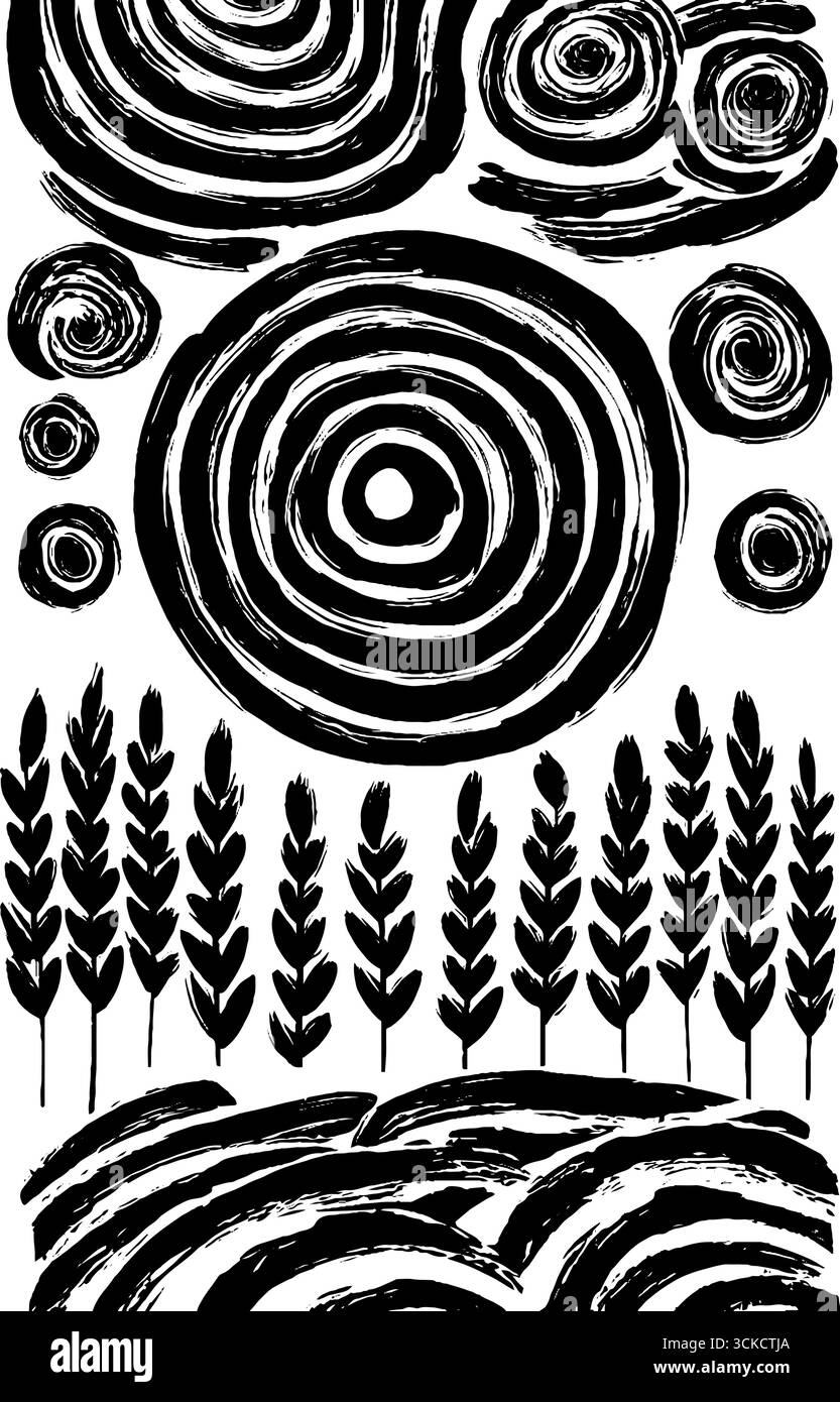 Abstract grunge design featuring wheat stalks and circular patterns for ...