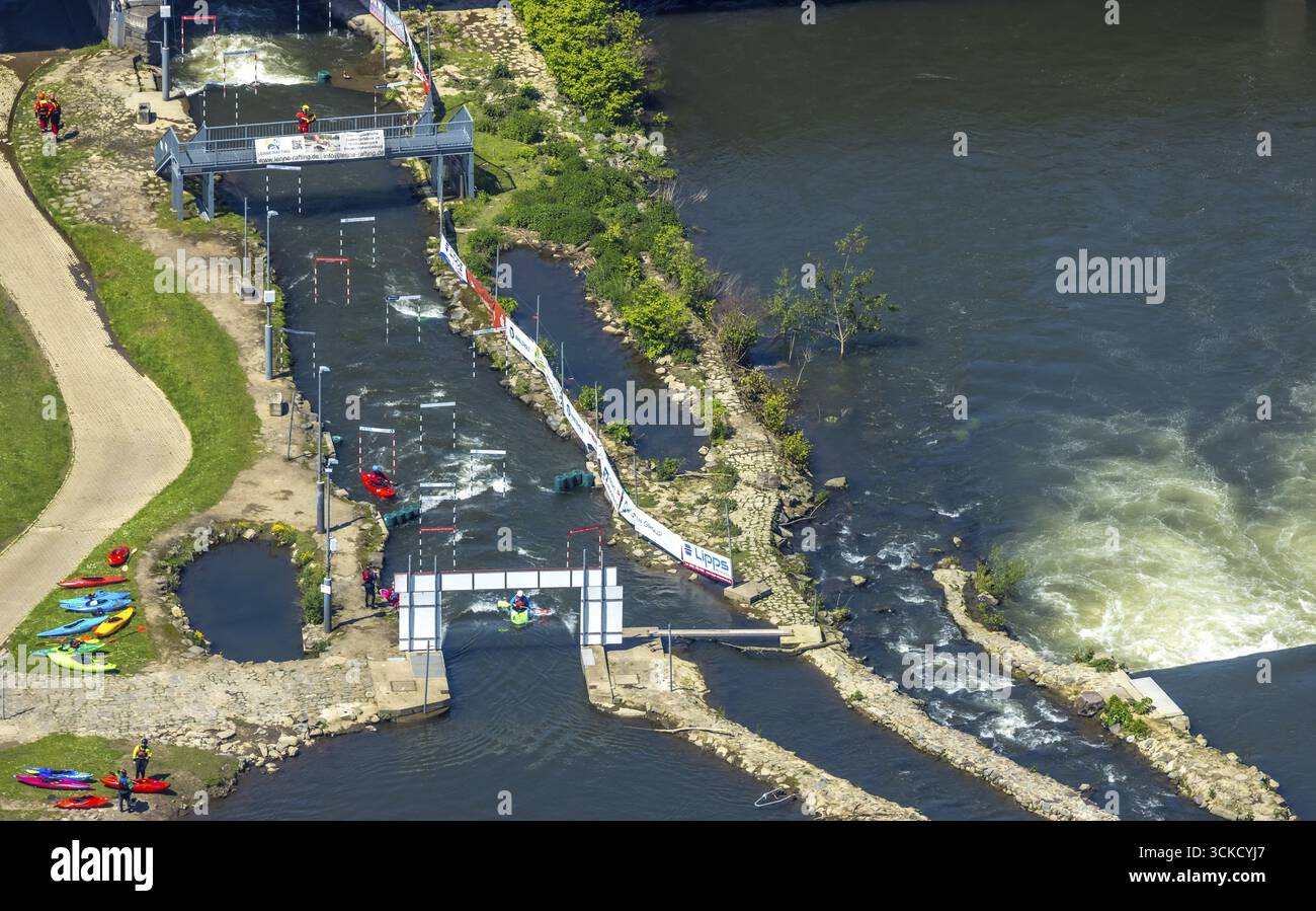 Aerial view, river Lenne, whitewater park Hagen-Hohenlimburg, Lenne ...