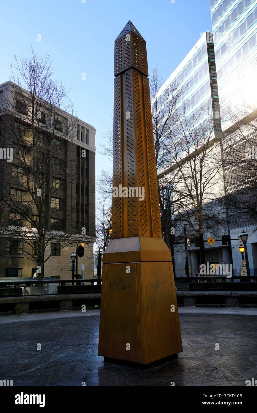 Vertical close up of the Peachtree Plaza Obelisk, a landmark public art ...