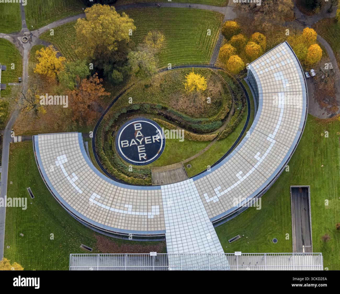 Aerial view, semicircular building of the Bayer AG headquarters in the ...