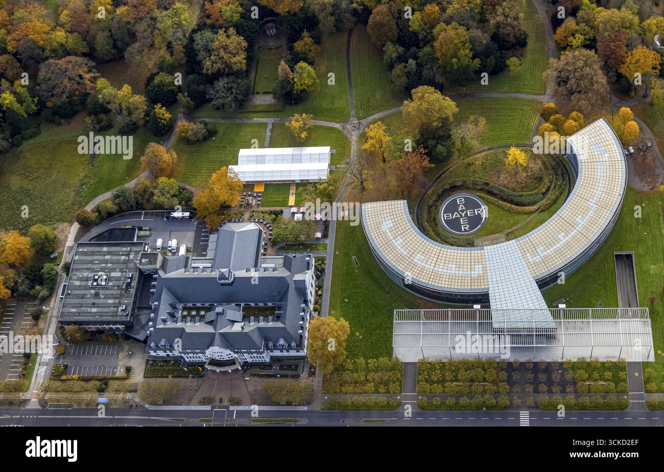 Aerial view, semicircular building of the Bayer AG headquarters in the ...
