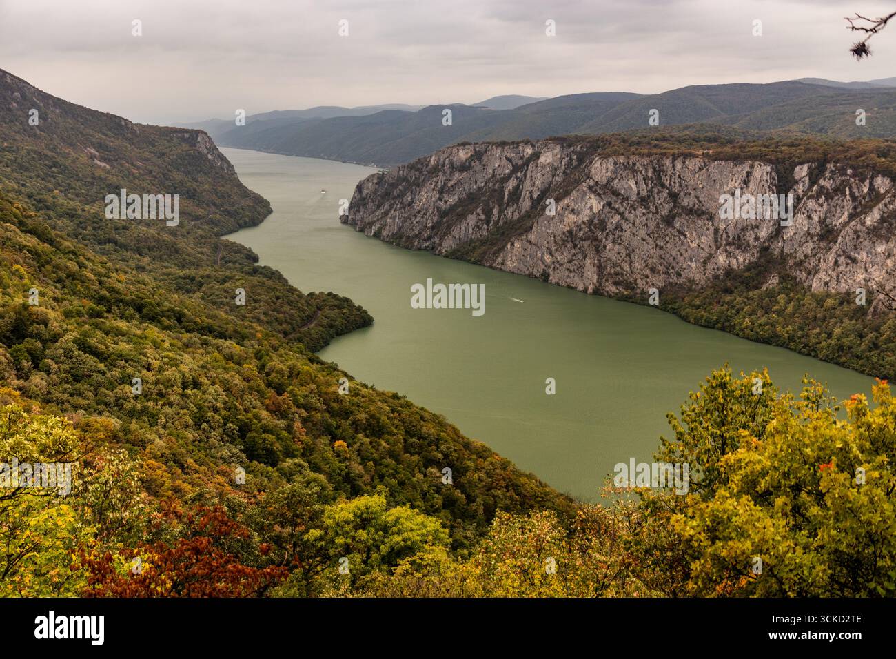 Aerial view of the Iron Gates gorge of Danube river between Serbia and ...