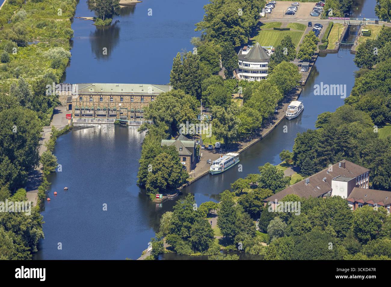Aerial view, lock island, hydroelectric power station Kahlenberg, Ruhr ...