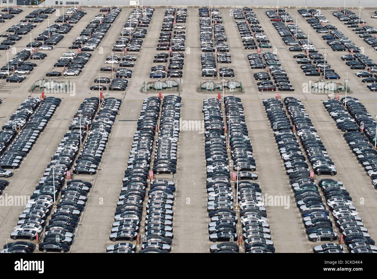Aerial view of new cars waiting for shipment at a plant of SAIC-GM in ...