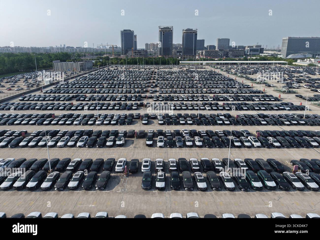 Aerial view of new cars waiting for shipment at a plant of SAIC-GM in ...