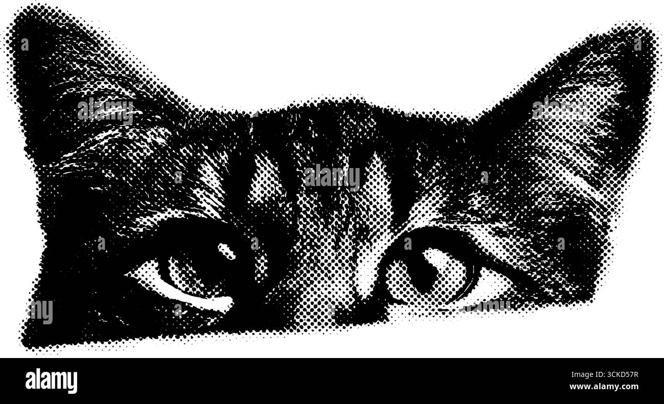 Halftone cat face illustration with comic dot shading for creative ...
