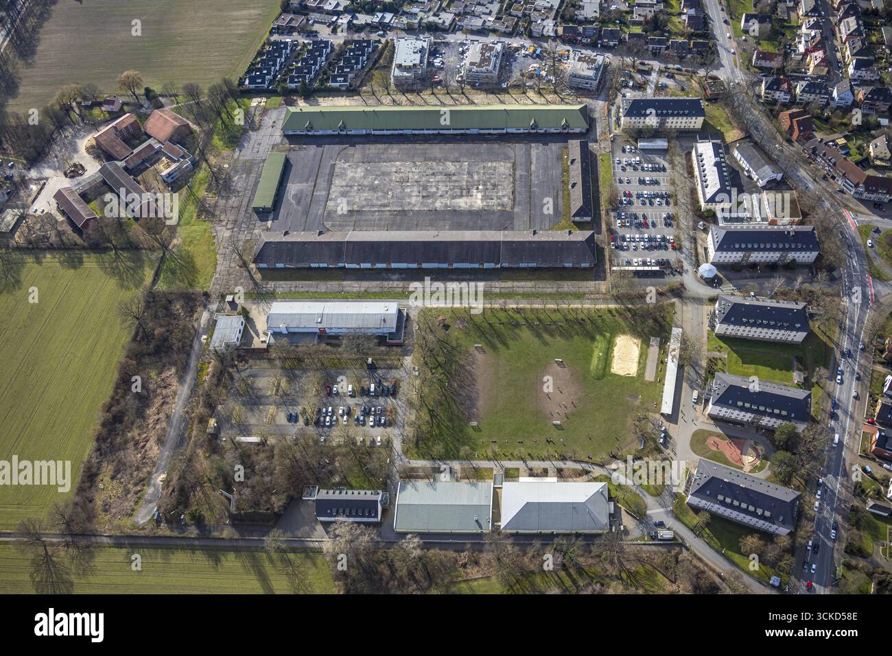 Aerial view, Federal Administration Office Hamm, sports field and ...