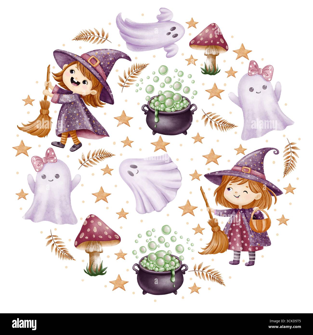 Watercolor composition featuring witches, ghosts, cauldrons, mushrooms ...